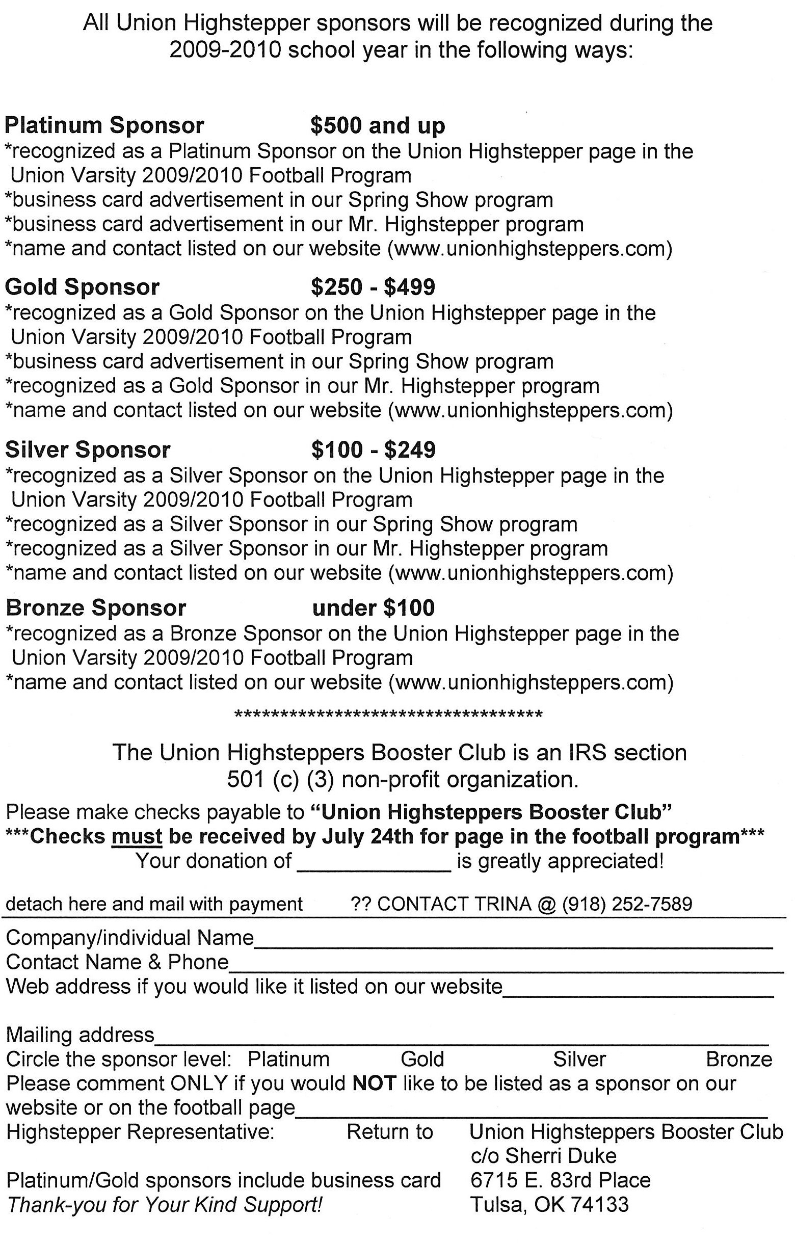 Sponsorship info | Union Highsteppers